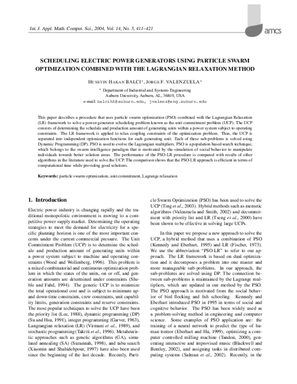 Pdf Scheduling Electric Power Generators Using Particle Swarm Optimization Combined With The