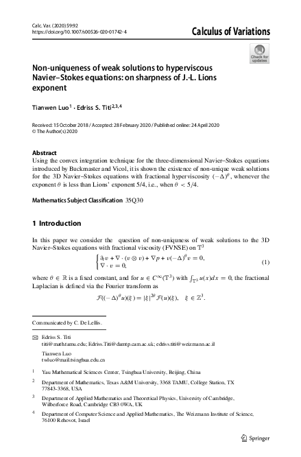 (PDF) Non-uniqueness of weak solutions to hyperviscous Navier–Stokes ...