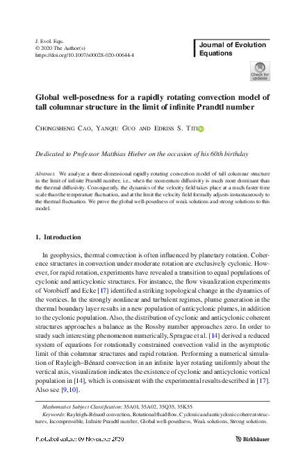Pdf Global Well Posedness For A Rapidly Rotating Convection Model Of Tall Columnar Structure