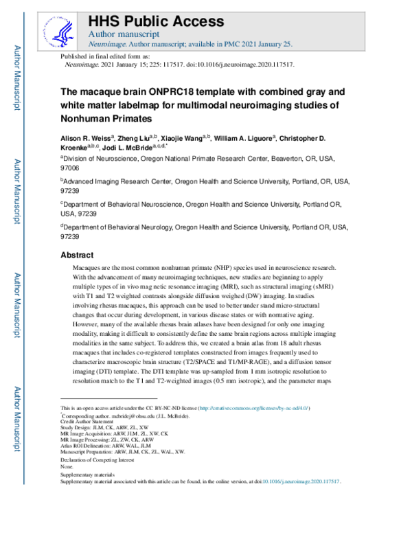 (PDF) The macaque brain ONPRC18 template with combined gray and white ...