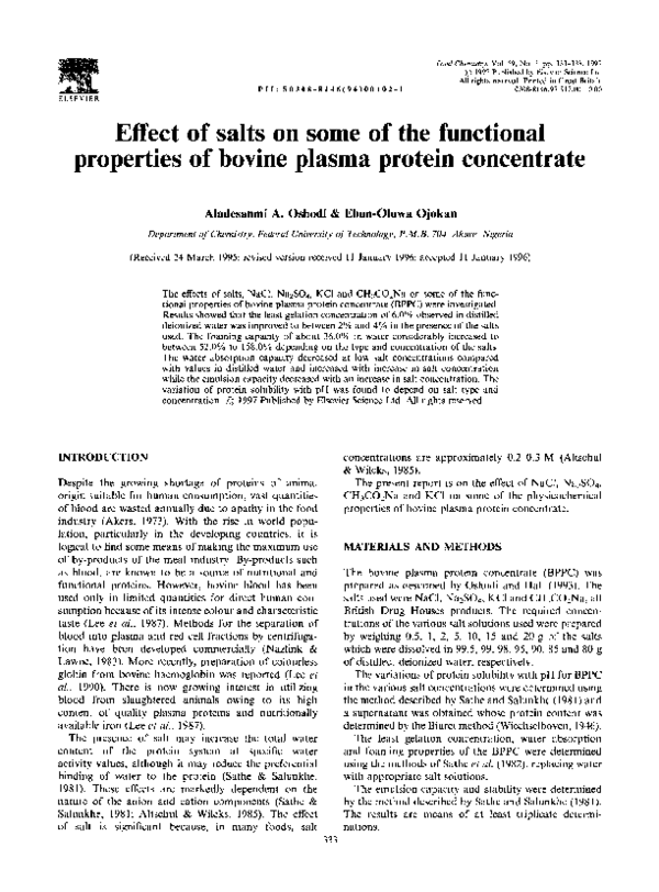 (PDF) Effect of salts on some of the functional properties of bovine plasma protein concentrate