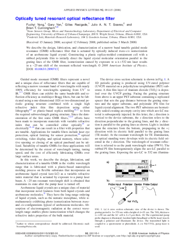 (PDF) Optically tuned resonant optical reflectance filter