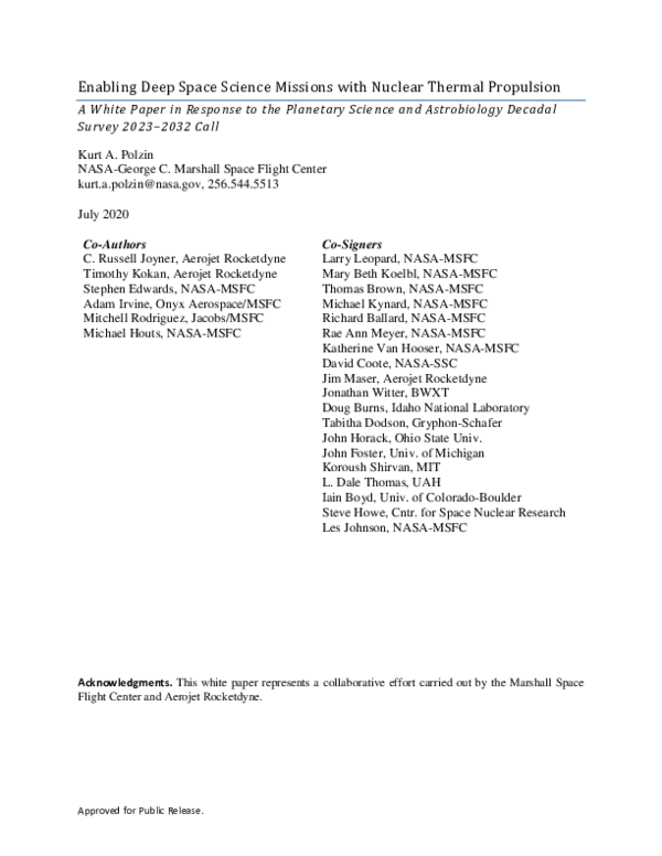 (PDF) Enabling Deep Space Science Missions with Nuclear Thermal Propulsion