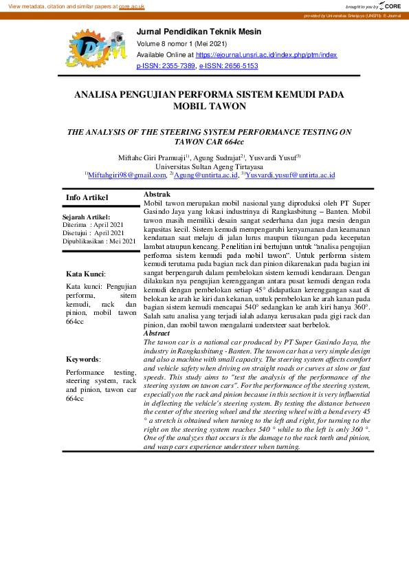 (PDF) Analisa Pengujian Performa Sistem Kemudi Pada Mobil Tawon