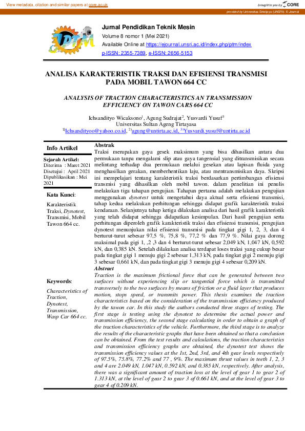 (PDF) Analisa Karakteristik Traksi Dan Efisiensi Transmisi Pada Mobil ...