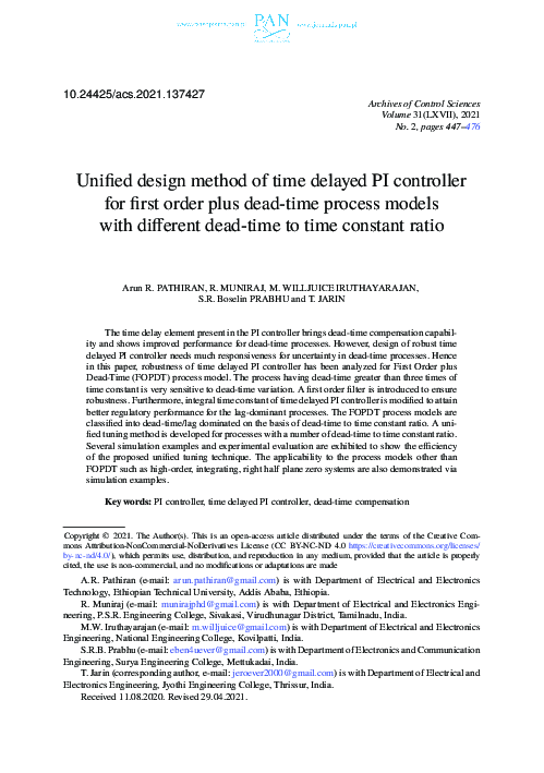 (PDF) Unified design method of time delayed PI controller for first order plus dead-time process ...