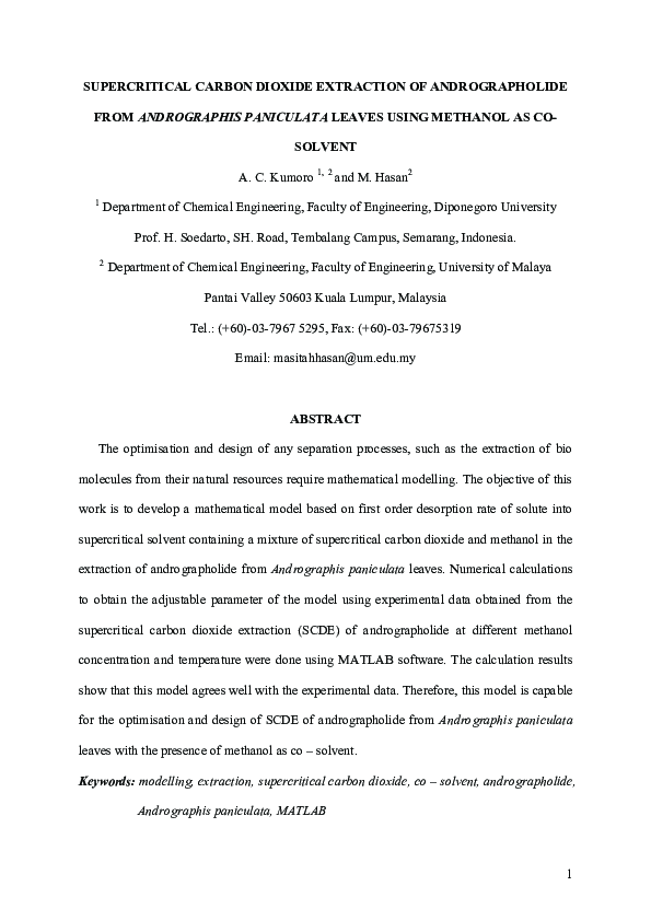 Pdf Supercritical Carbon Dioxide Extraction Of Andrographolide From