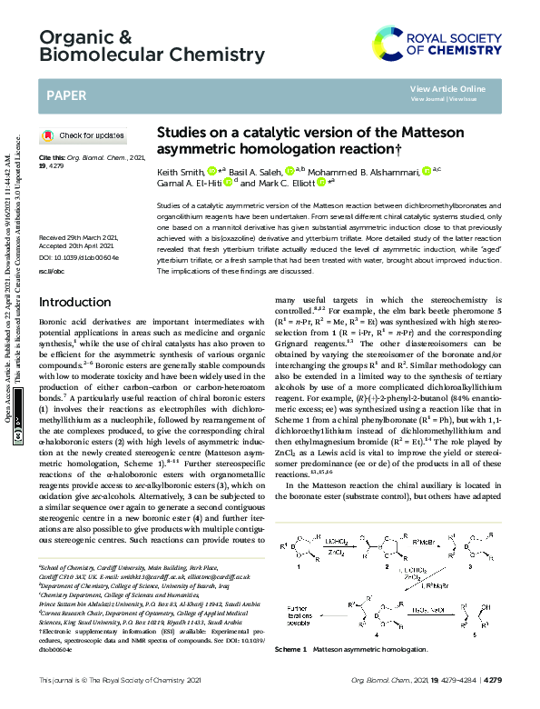 (PDF) Studies on a catalytic version of the Matteson asymmetric ...