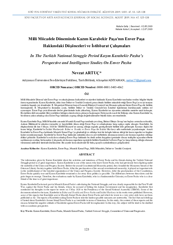 (PDF) Mi̇lli̇ Mücadele Dönemi̇nde Kazim Karabeki̇r Paşa’Nin Enver Paşa Hakkindaki̇ Düşünceleri̇ ...