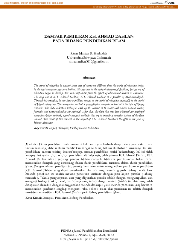 (PDF) Dampak Pemikiran KH. Ahmad Dahlan pada Bidang Pendidikan Islam