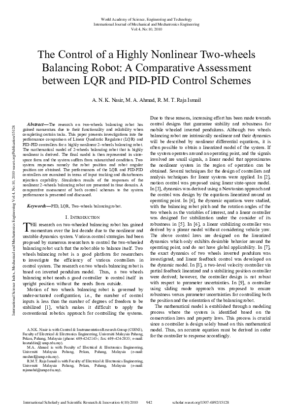 (PDF) The Control Of A Highly Nonlinear Two-Wheels Balancing Robot: A Comparative Assessment ...