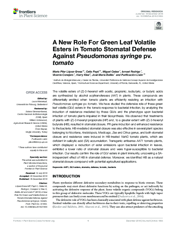 (PDF) A New Role For Green Leaf Volatile Esters in Tomato Stomatal ...