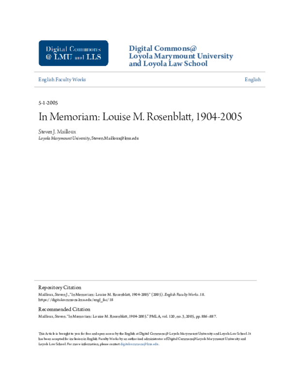 (PDF) In Memoriam: Louise M. Rosenblatt, 1904–2005 | Steven Mailloux ...