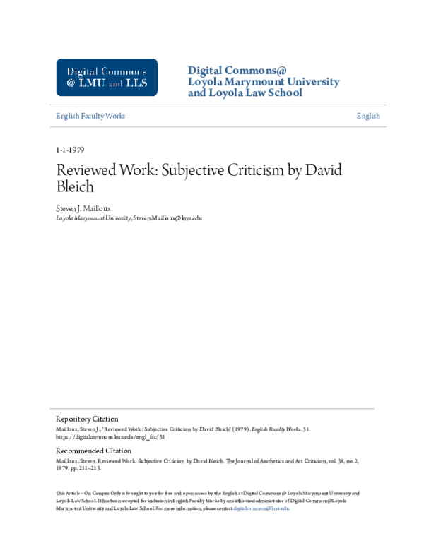 (PDF) Reviewed Work: Subjective Criticism by David Bleich