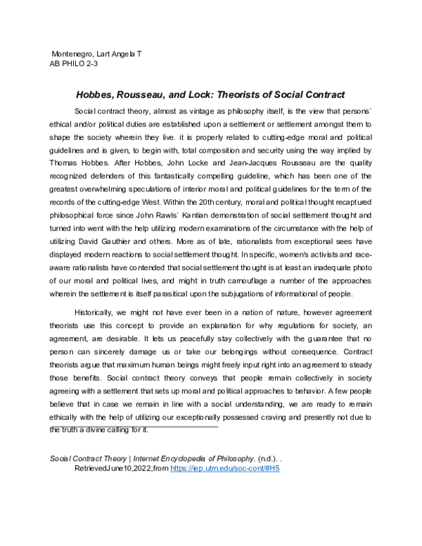 (DOC) Hobbes,Rousseau,and Lock: Theorists of Social Contract