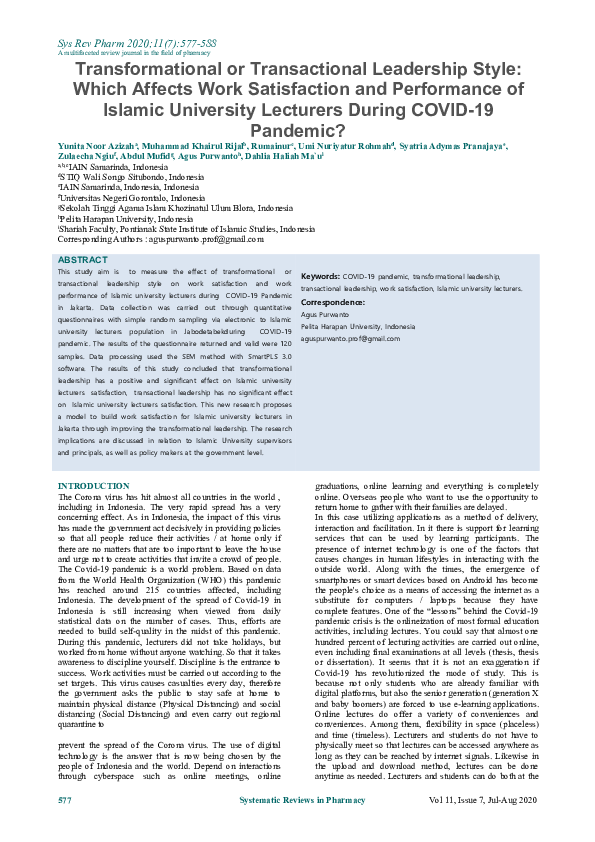 (PDF) Transformational or transactional leadership style: Which affects work satisfaction and ...