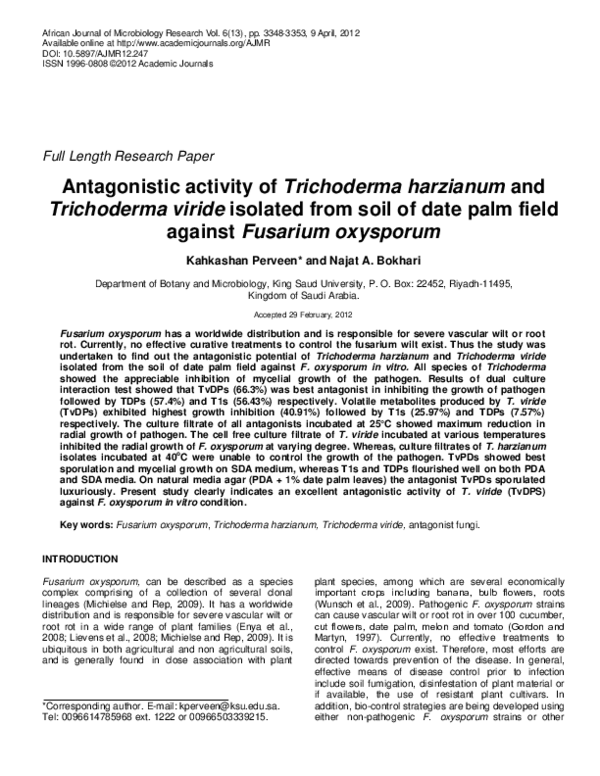 (PDF) Antagonistic activity of Trichoderma harzianum and Trichoderma viride isolated from soil ...