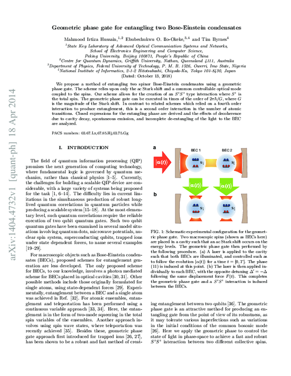 (PDF) Geometric phase gate for entangling two Bose-Einstein condensates