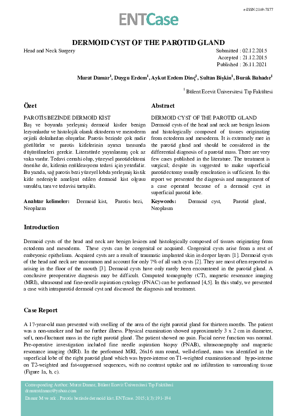 (PDF) DERMOID CYST OF THE PAROTID GLAND Head and Neck Surgery