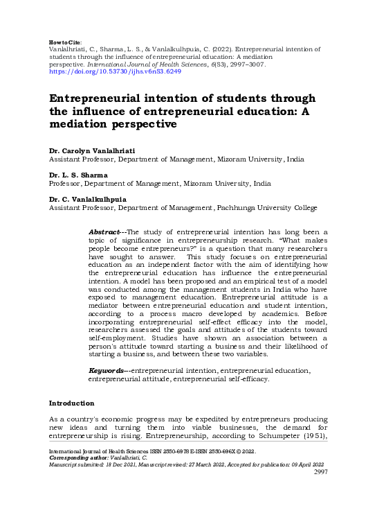 (PDF) Entrepreneurial intention of students through the influence of ...