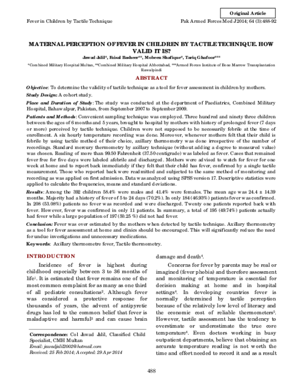 (PDF) Fever in Children by Tactile Technique Pak Armed Forces Med