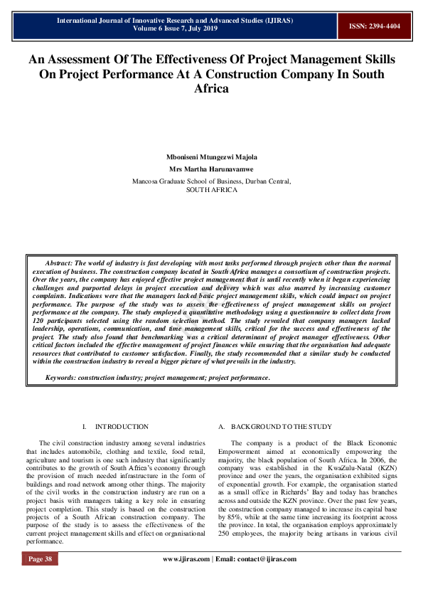 (PDF) An Assessment Of The Effectiveness Of Project Management Skills ...