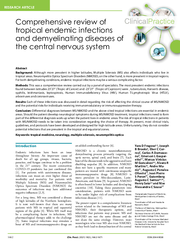 Comprehensive review of tropical endemic infections and demyelinating diseases of the central ...