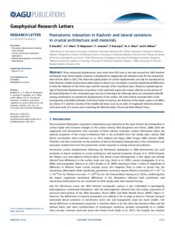 (PDF) Postseismic relaxation in Kashmir and lateral variations in ...