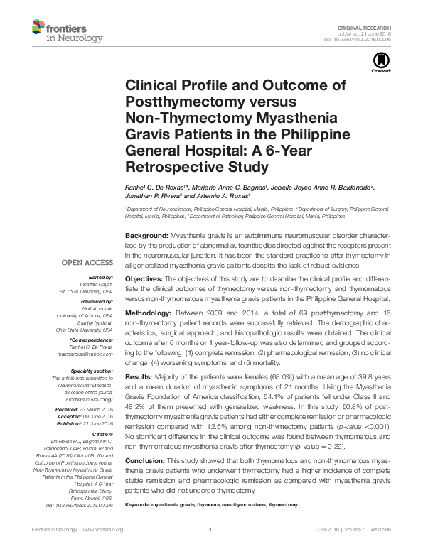 (PDF) Clinical Profile and Outcome of Postthymectomy versus Non-Thymectomy Myasthenia Gravis ...