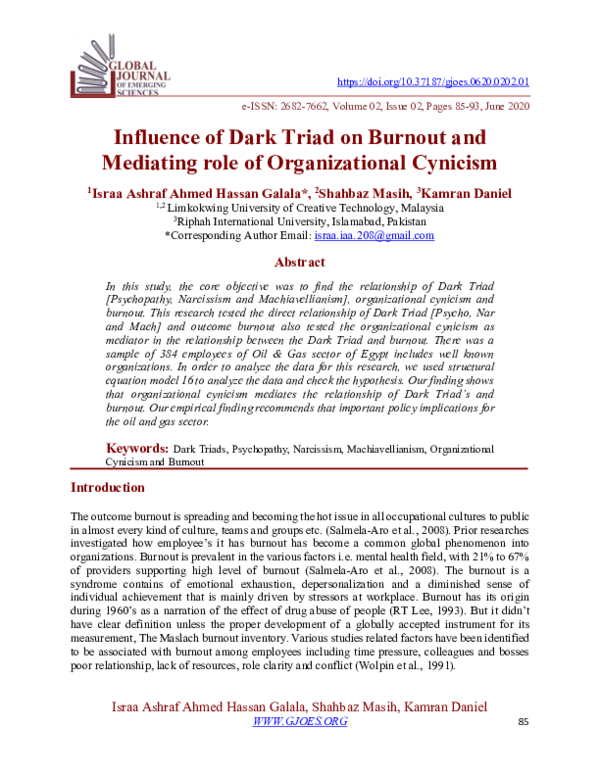 (PDF) Influence of Dark Triad on Burnout and Mediating role of ...