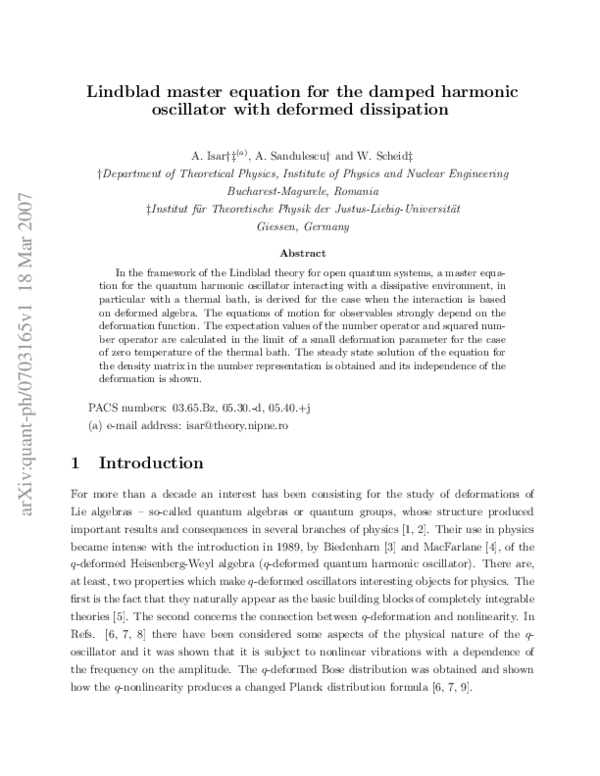 (PDF) Lindblad master equation for the damped harmonic oscillator with ...