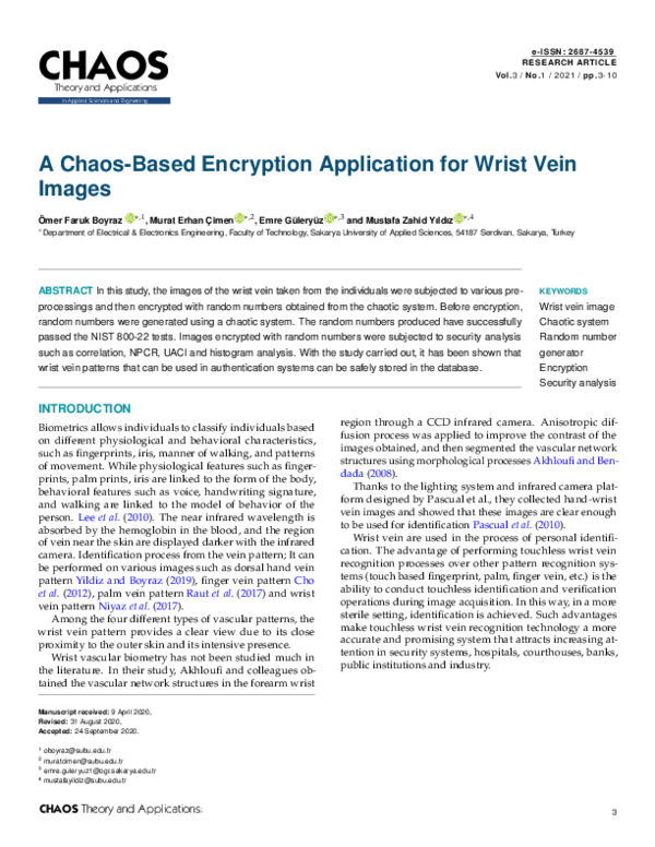(PDF) A Chaos-Based Encryption Application for Wrist Vein Images