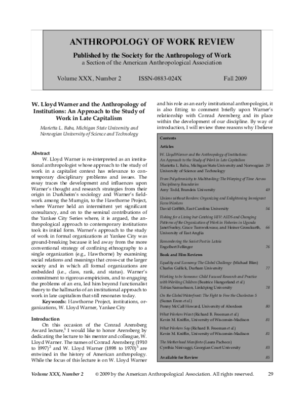 (PDF) W. Lloyd Warner and the Anthropology of Institutions: An Approach ...