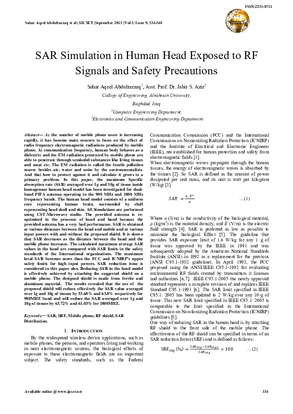 (PDF) SAR Simulation in Human Head Exposed to RF Signals and Safety Precautions