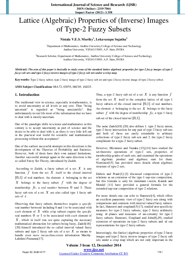 (PDF) Lattice (Algebraic) Properties of (Inverse) Images of Type-2 Fuzzy Subsets | Nistala ...