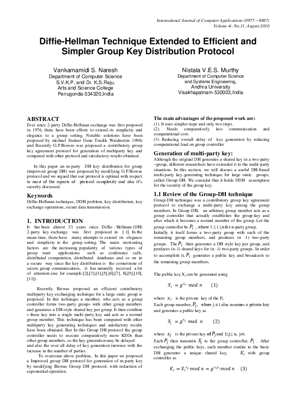 (PDF) Diffie-Hellman Technique Extended to Efficient and Simpler Group Key Distribution Protocol