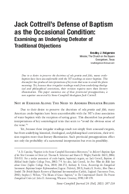 (PDF) Jack Cottrell's Defense of Baptism as the Occasional Condition ...