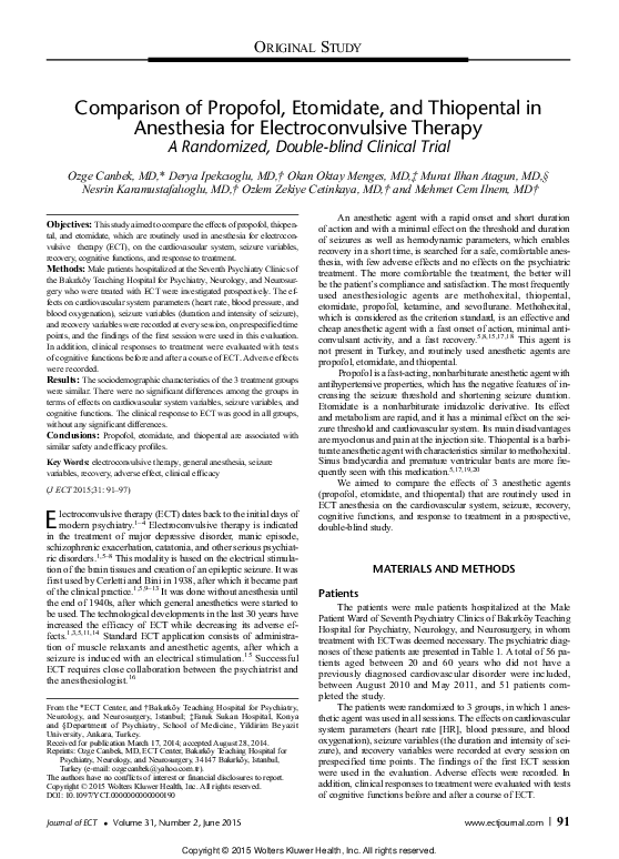 (PDF) Recovery after ECT: comparison of propofol, etomidate and thiopental | mo Rosa - Academia.edu