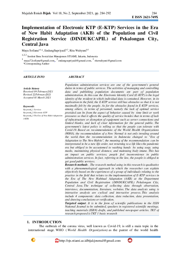(PDF) Implementation of Electronic KTP (E-KTP) Services in the Era of ...