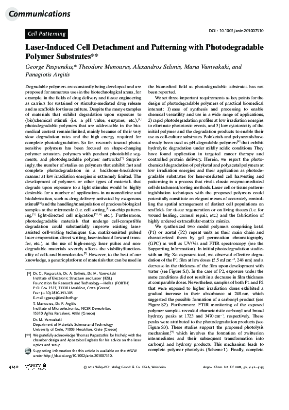 (PDF) Laser-Induced Cell Detachment and Patterning with Photodegradable ...