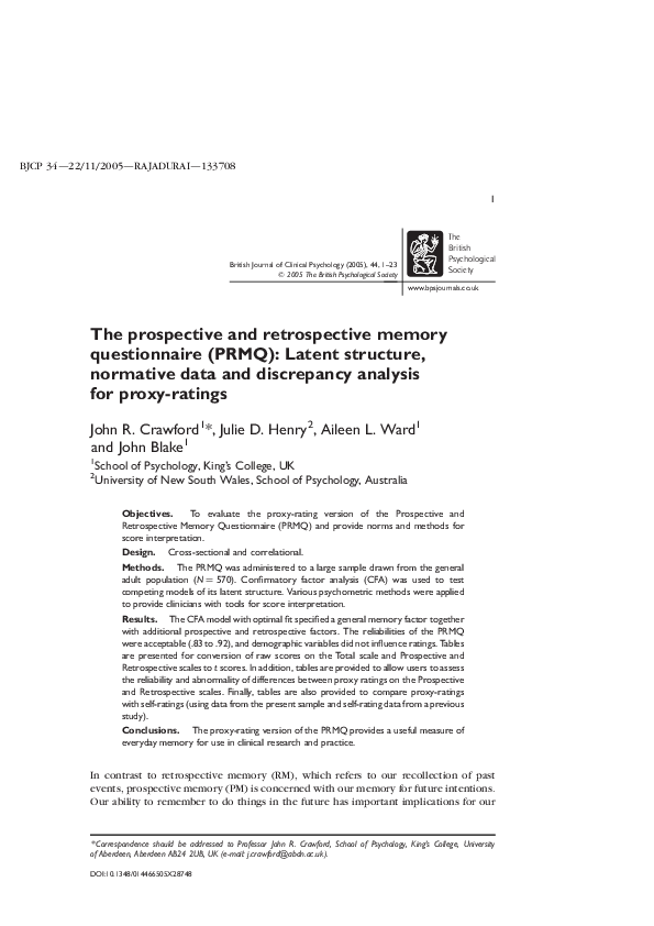 (PDF) The Prospective and Retrospective Memory Questionnaire (PRMQ ...