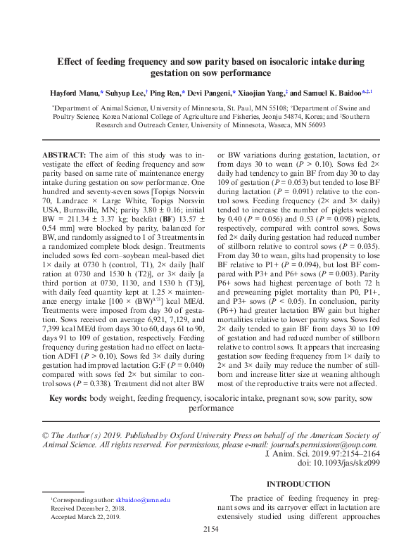 (PDF) Effect of feeding frequency and sow parity based on isocaloric intake during gestation on ...