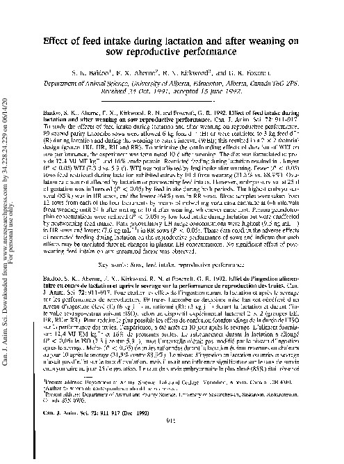 (PDF) Effect of feed intake during lactation and after weaning on sow reproductive performance