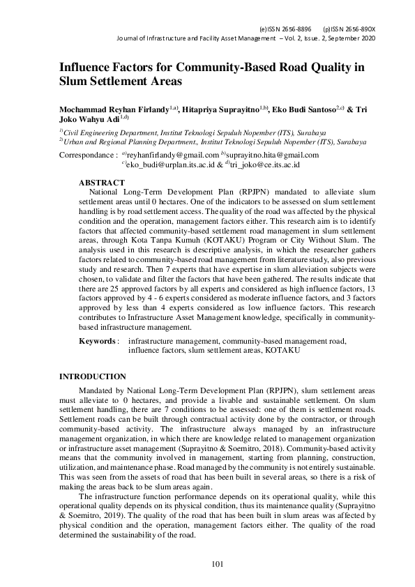 (PDF) Influence Factors for Community-Based Road Quality in Slum ...