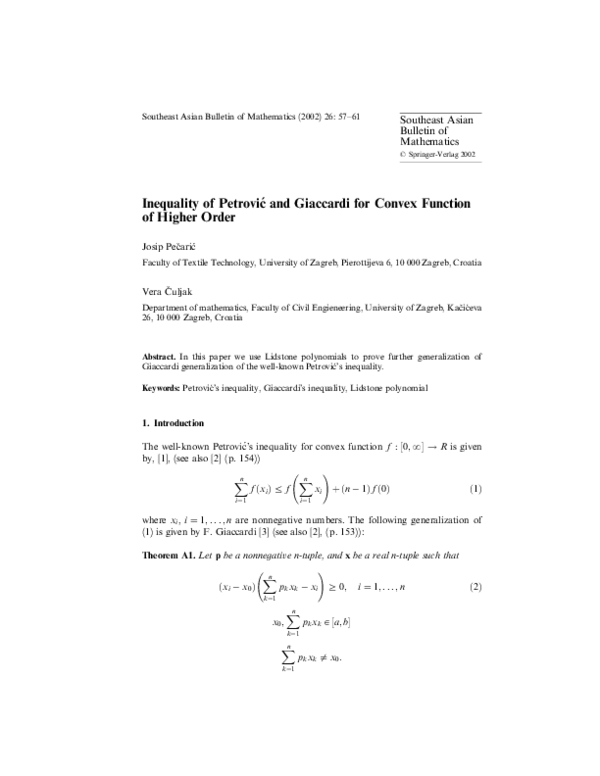(PDF) Inequality of Petrovi? and Giaccardi for Convex Function of Higher Order
