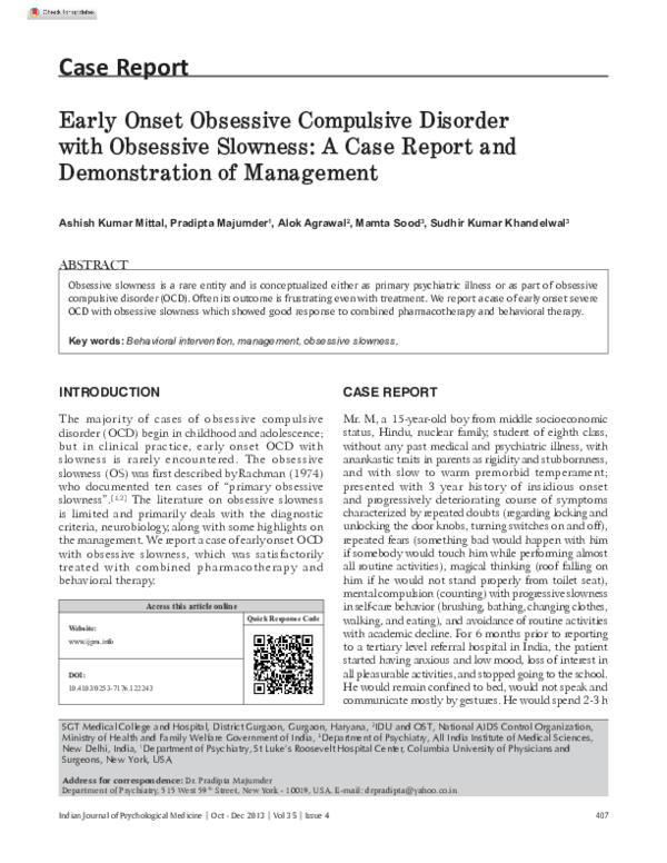(PDF) Early Onset Obsessive Compulsive Disorder with Obsessive Slowness ...