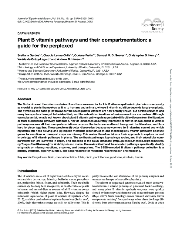 (PDF) Plant B Vitamin Pathways and their Compartmentation: a Guide for ...