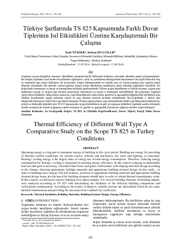(PDF) Türkiye Şartlarında TS 825 Kapsamında Farklı Duvar Tiplerinin Isıl Etkinlikleri Üzerine ...