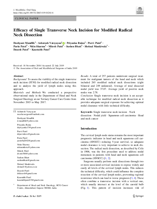 (PDF) Efficacy of Single Transverse Neck Incision for Modified Radical Neck Dissection