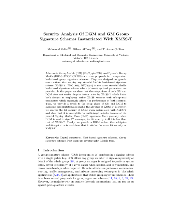 (PDF) Security Analysis of DGM and GM Group Signature Schemes Instantiated with XMSS-T | Riham ...